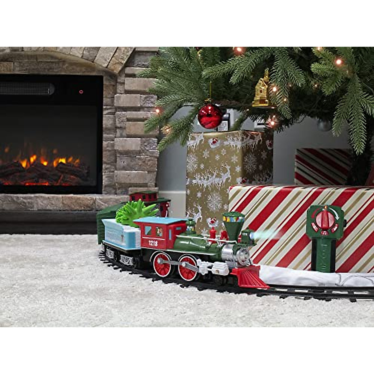 Lionel Battery-Operated Elf Toy Train Set with Locomotive, Train Cars, Track & Remote with Authentic Train Sounds, & Lights for Kids 4+