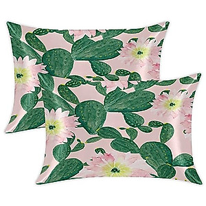 Cactus Floral Flower Satin Pillow Cases Silk Satin Pillowcase for Hair and Skin Standard Set of 2 Super Soft Silk Pillowcase with Envelope Closure (20x26 in)