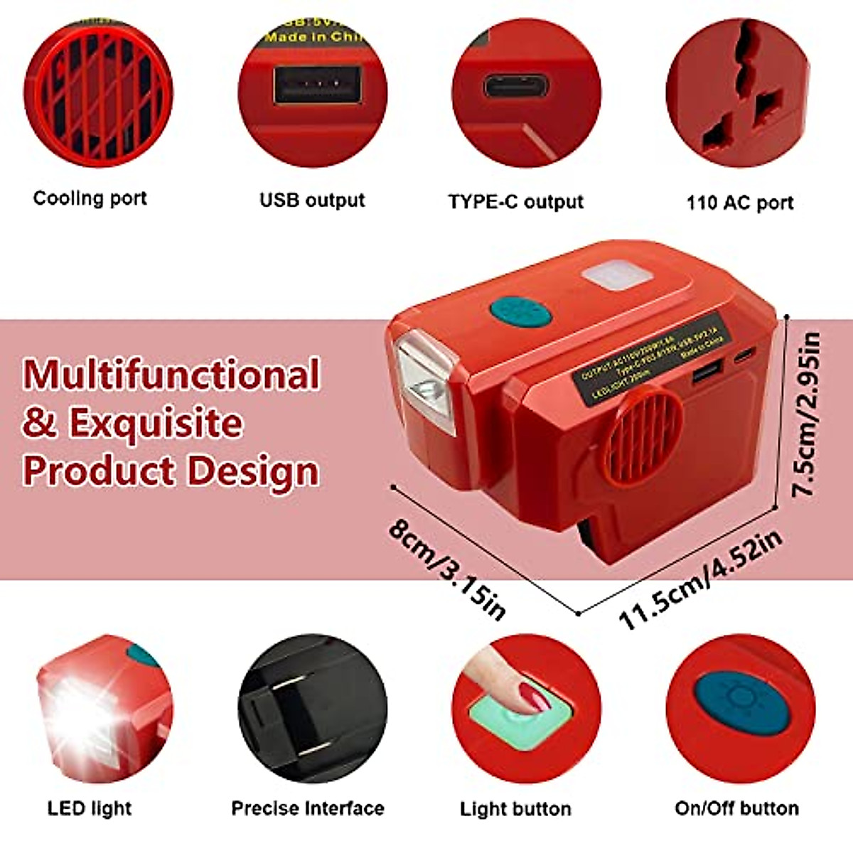 TPDL Powered Inverter Generator 200W for Milwaukee M18 Battery, DC 18v to 110v AC Output, Portable Power Source USB Charger Adapter with LED Light
