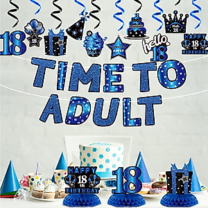 WATINC 26pcs 18th Blue Black Birthday Banner Party Decorations Set, Time To Adult 18 Birthday Decorations Hanging Swirls Banner Honeycomb Centerpieces for Boys Girls Happy 18 Bday