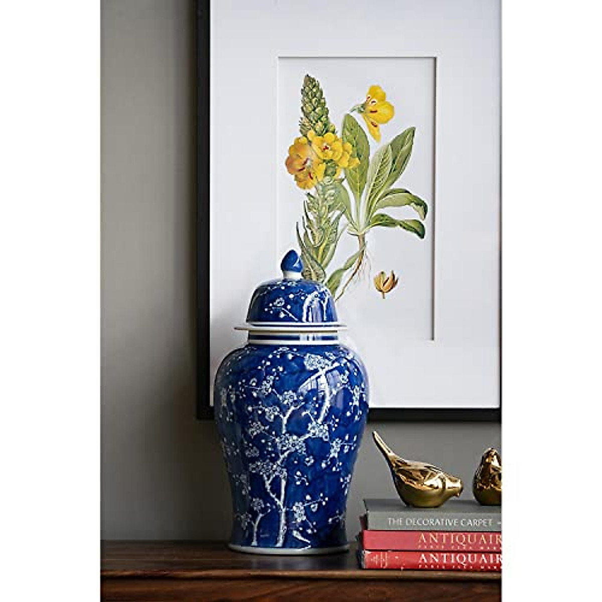 18" Porcelain Jar with Lid - Blue & White Cherry Blossom Print - Perfect for Any Room in Your Home