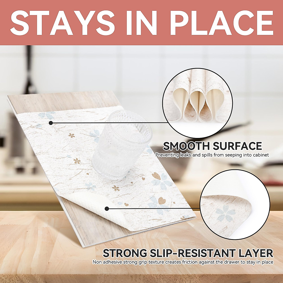 Ray Star Cabinet Liner, 18Inch X 8Feet Waterproof Shelf Liners for Kitchen Cabinets Non-Adhesive Unique Floral Non Slip Grip Liner Easy Clean Pantry Refrigerator Cupboard Drawer