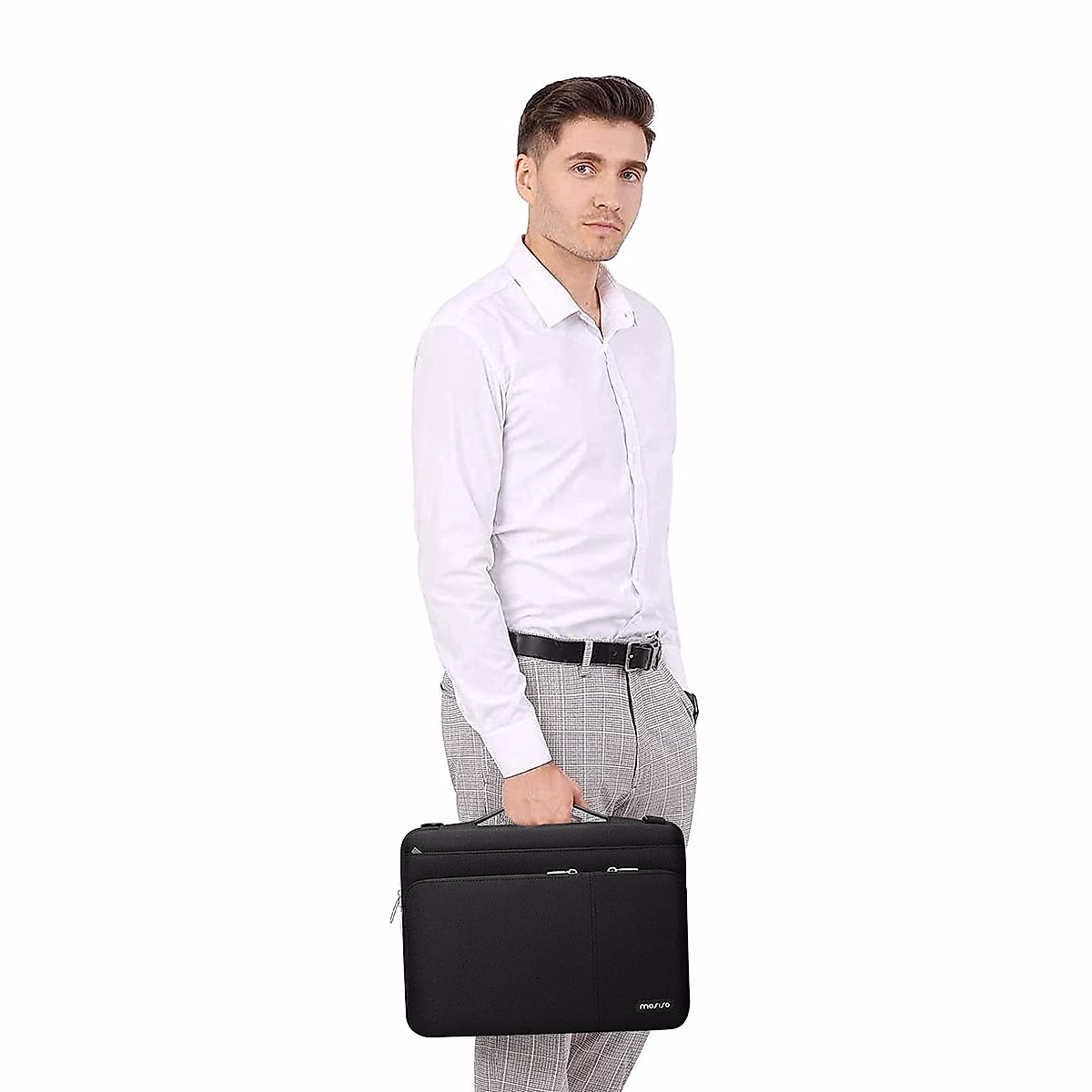 MOSISO 360 Protective Laptop Shoulder Bag Compatible with MacBook Air/Pro,13-13.3 inch Notebook,Compatible with MacBook Pro 14 inch 2023-2021,Side Open Sleeve with 3 Front Pockets&PU Handle&Belt,Black