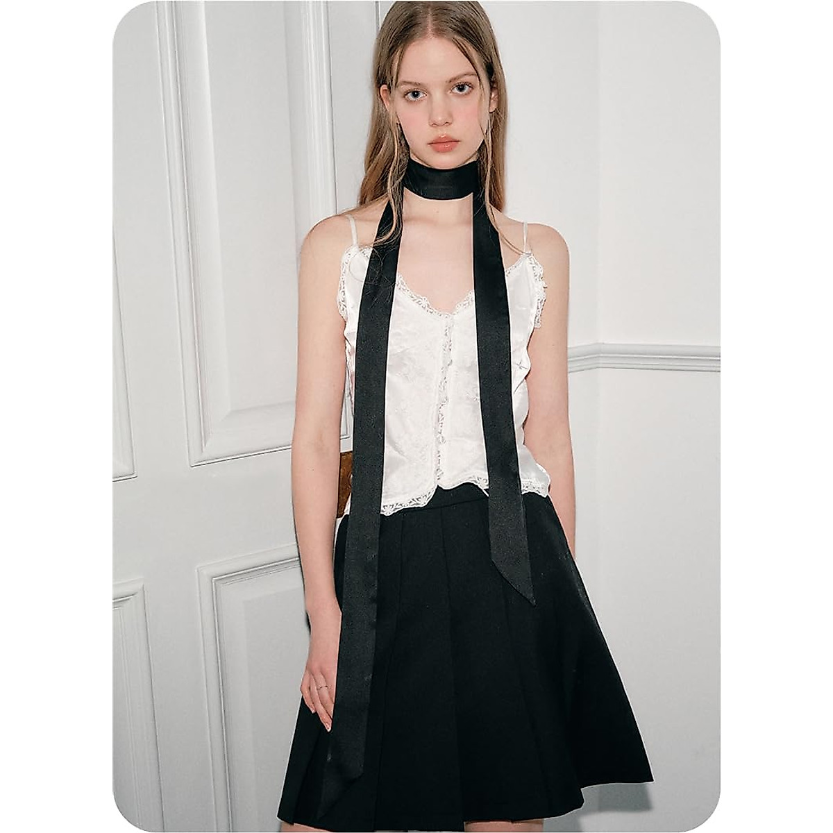 GUZOSJO Solid Color Long Neckerchief Pure Skinny Scarf Necktie Handbag Wrap Handle Satin Belt (Black)