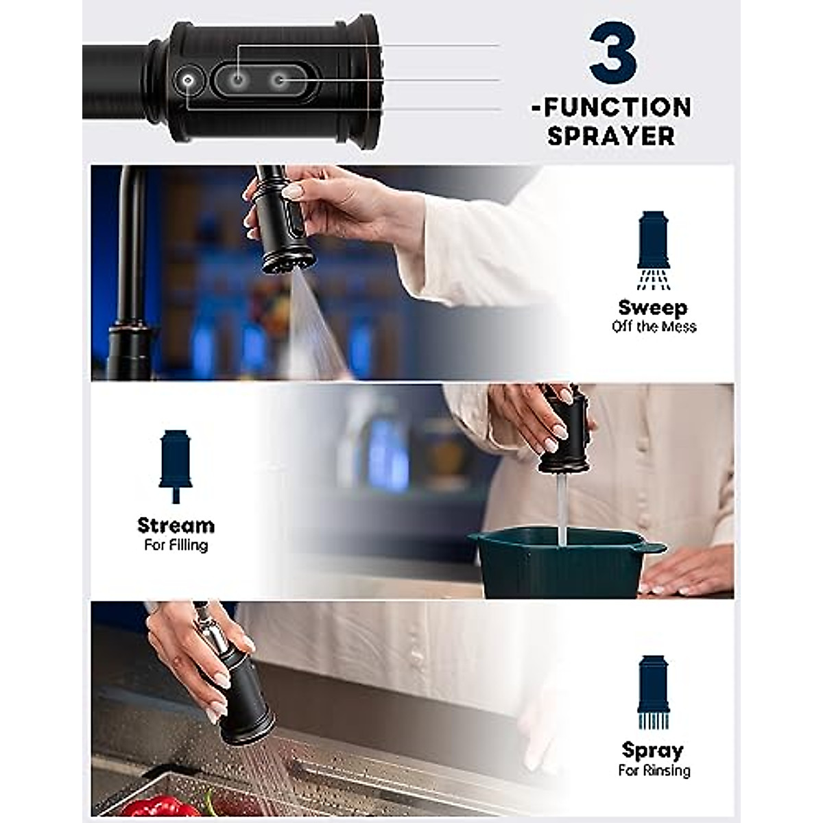 Antique Oil Rubbed Bronze Kitchen Sink Faucet with Soap Dispenser, DAYONE Pull Down Farmhouse Faucet for Sink with 3 Mode Sprayer, Single Handle High Arc, DAY-APS136-ORB