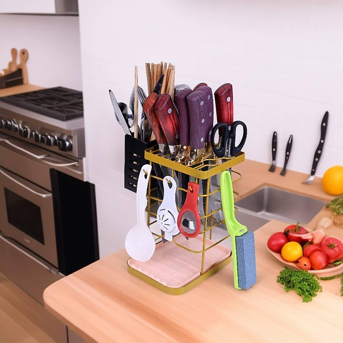 Knife Block and Sharpening Stone with Handle VAPAA TAIDE Knife Holder Drying and Moisture Resistant Knife Storage Rack and Knife Sharpener Tool for Home Knife Kitchen Carbon Steel Black