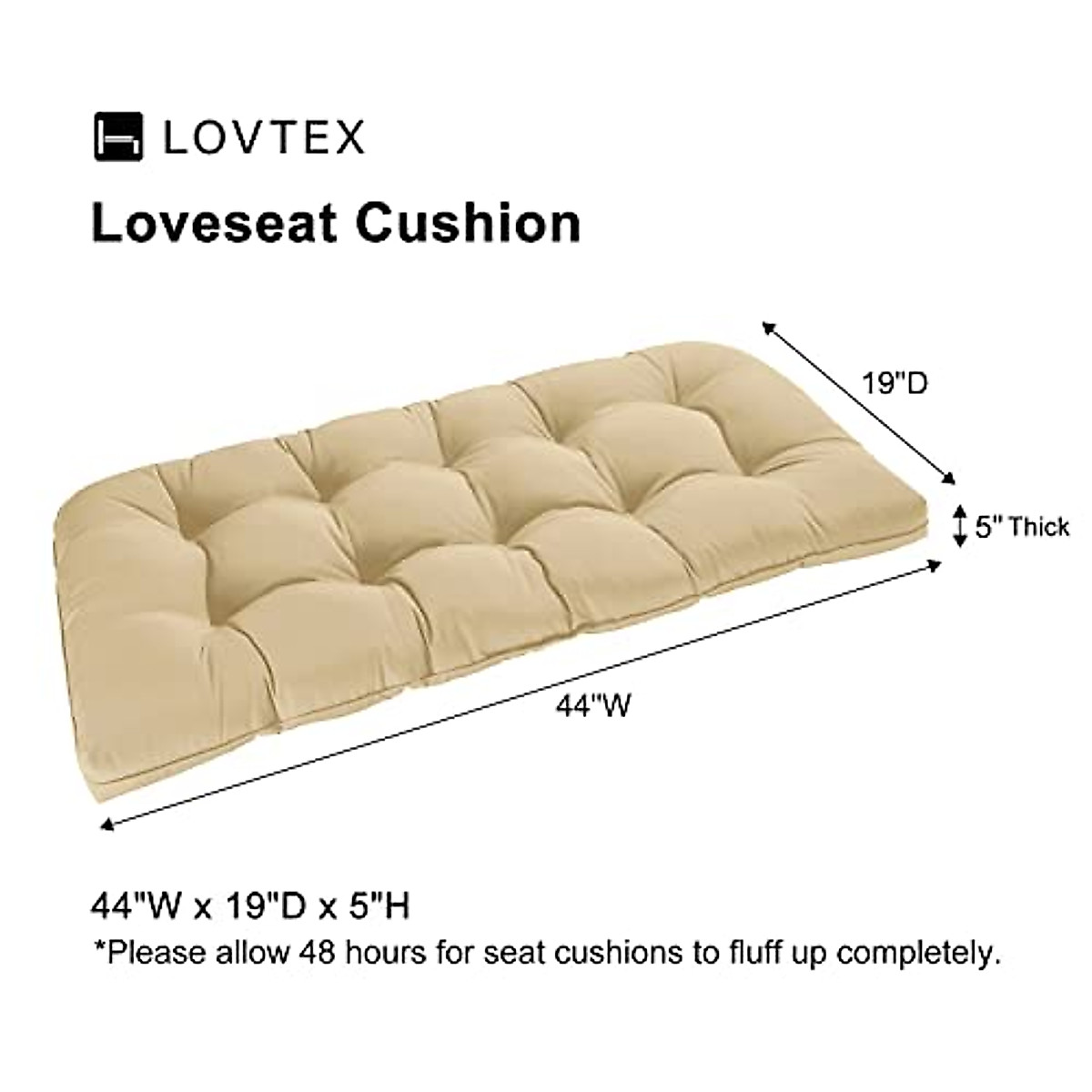 LOVTEX Tufted Bench Cushions for Outdoor Furniture Waterproof, 44 x 19 inches Patio Swing Cushions Khaki - Overstuffed Indoor/Outdoor Loveseat Cushions with Round Corner