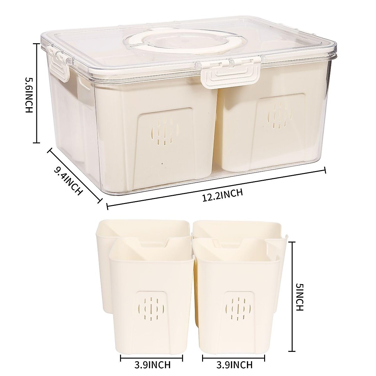 Fruit Storage Containers for Fridge with Lids & 4 Removable Colanders, Airtight Food Box Container, Kitchen Organizers and Storage, Food Storage Containers, Clear Fridge Organizer Bins, BPA-Free
