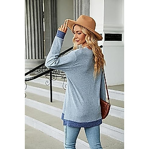 Keificle Women's V-Neck Pullover Color Blocking Long Sleeves Side Split Fall Tunic Tops (Large, 01_Light Blue)