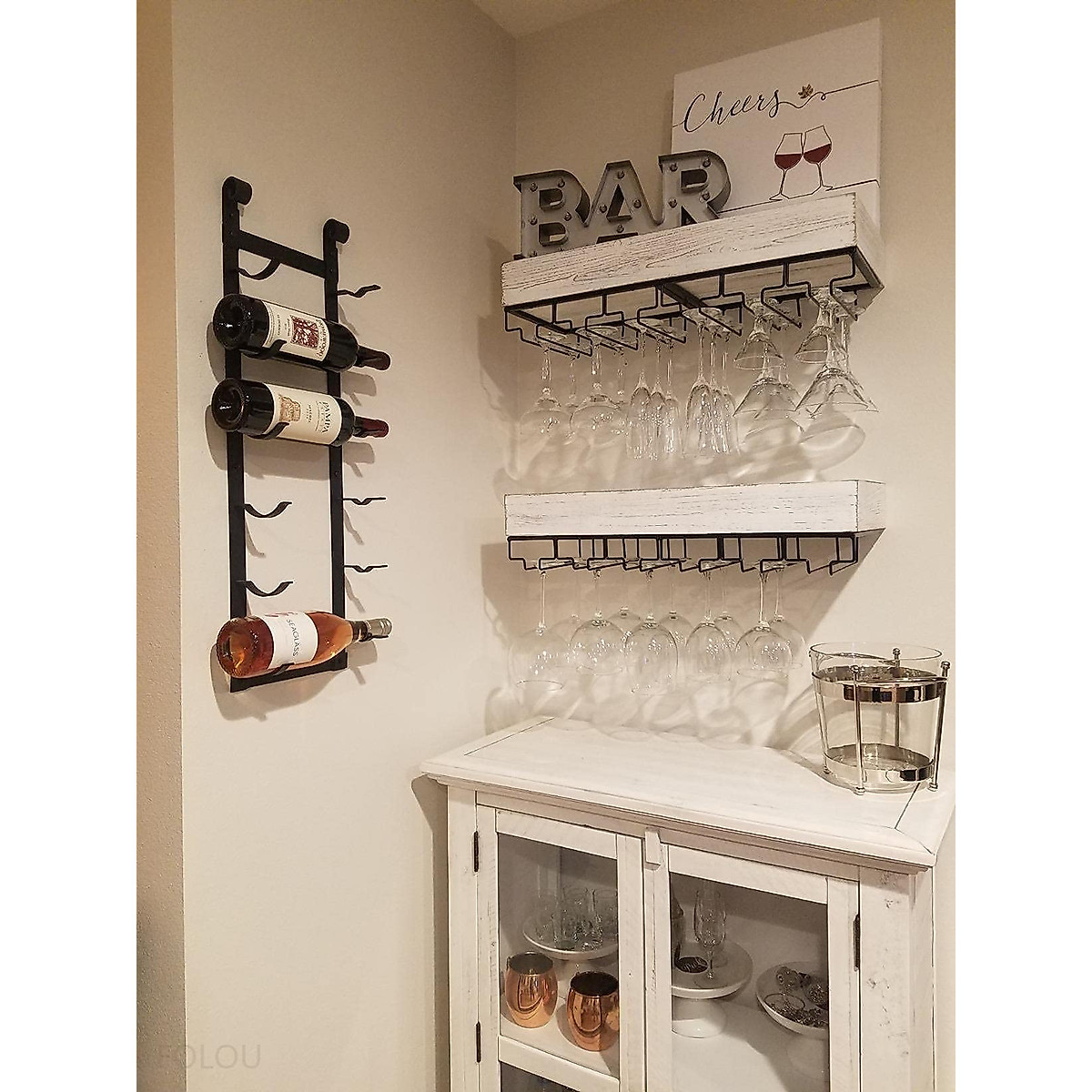 FOLOU Wine Glass Rack Under Cabinet Mount, Upside Down Stemware Holder for Wire Shelves, Glasses Storage Hanger Metal Organizer Bars, Kitchen, Restaurants, Farmhouse(3 ROWS BLACK), 11.8 x 9 x 2.7