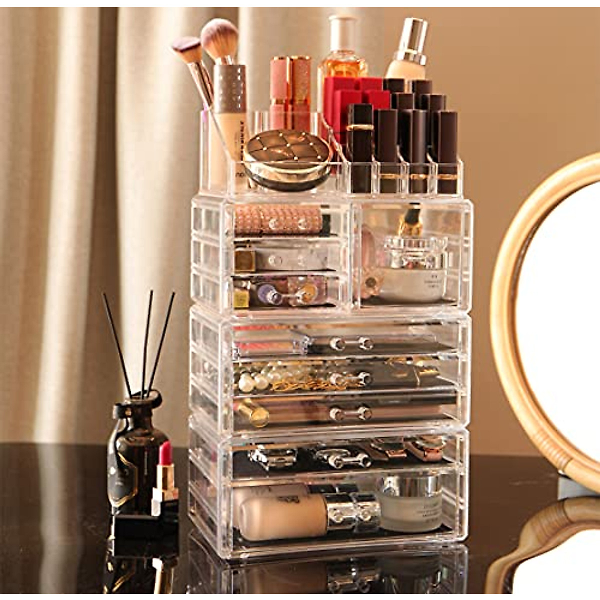 Cq acrylic Makeup Organizer Skin Care Large Clear Cosmetic Display Cases Stackable Storage Box With 9 Drawers For Vanity,Set of 4