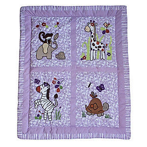 BabyFad Jungle Girl Purple with Elephant, Giraffe, Zebra and Turtle with Musical Mobile 9 Piece Baby Crib Bedding Set 100% Cotton