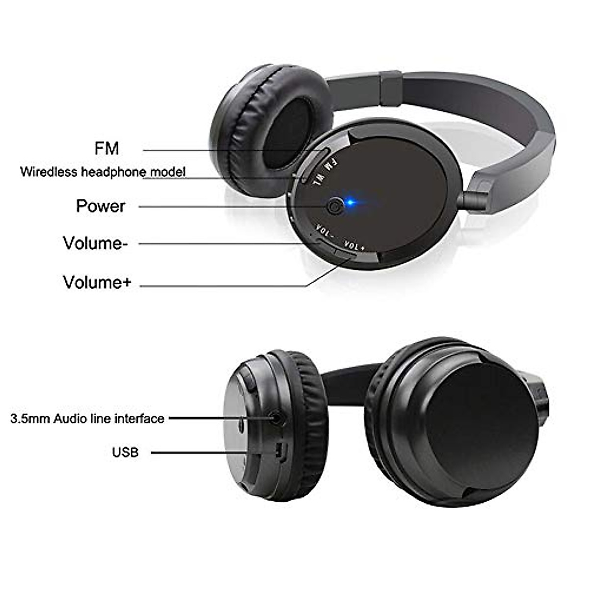 Comfortable Portable Wireless Headphones Hi-fi Stereo Multifunction for TV Over Ear Headset with FM Radio 2.4GHz Transmitter,RCA and 3.5mm Stereo Adapter