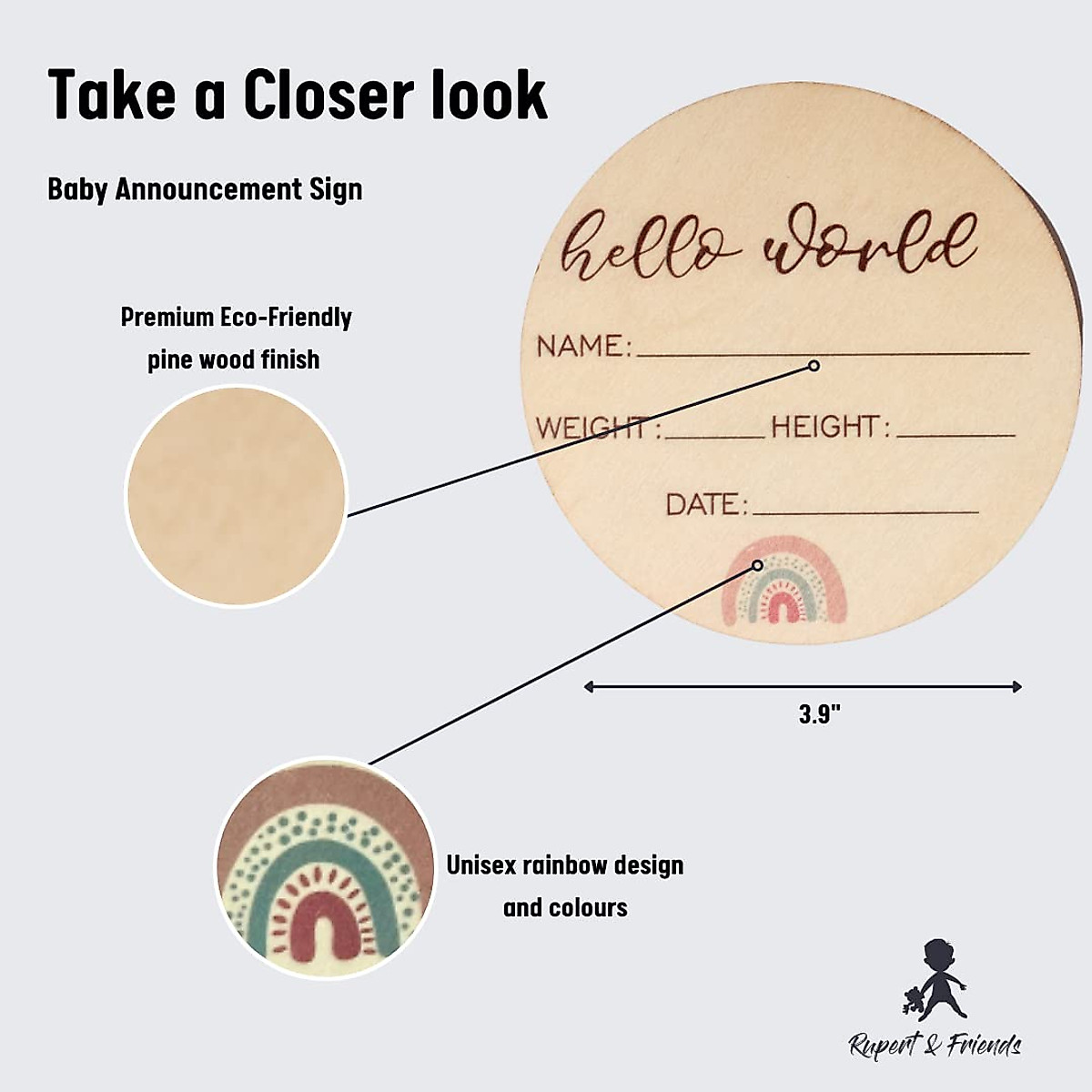 Birth Announcement Sign - Hello World Newborn Sign - Celebrate The Arrival of Your Baby with This Baby Annoucement Sign - Record Birth Details on This Round Wooden Disc - Baby Name Announcement Sign