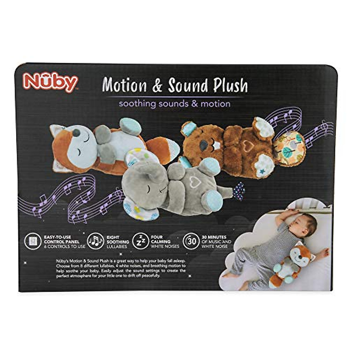 Nuby Lifelike Animated Sleeping Fox with 8 Soothing Lullabies & 4 Calming White Noises, 30 Min Non-Stop
