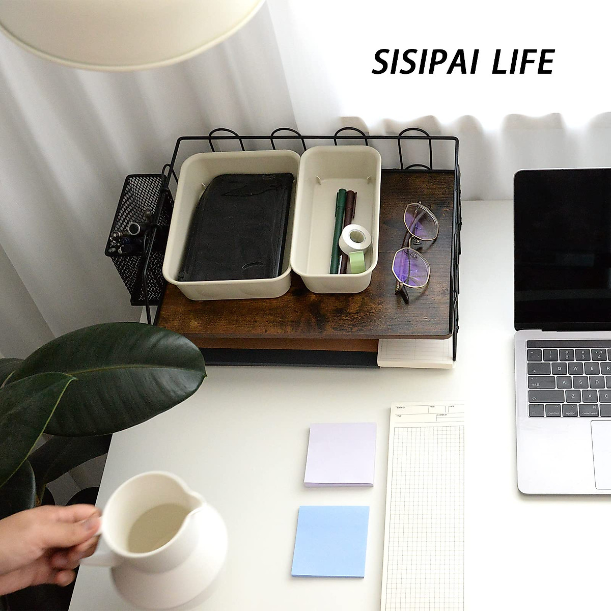 Desk Organizers, File Organizer for Desk, Wood Paper Letter Tray Organizer Stackable for School, Home, Office Supplies with Pen Holder (2 Layer)