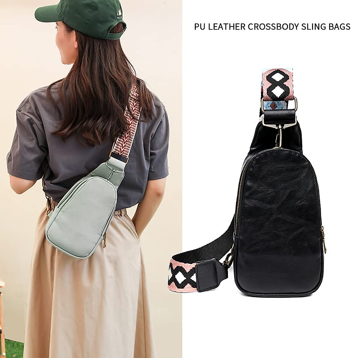 BRZSACR Womens Sling Bag, Sling Bag for Women, PU Leather Crossbody Sling Bags, Chest Bag for Women Cycling Hiking, 1pc (Black)