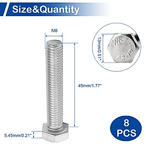 MroMax 8Pcs M8 x 45mm Hex Head Screws Bolts, 304 Stainless Steel 18-8, Fully Threaded, External Hex Drive, for Mounting Chair, Handles, Rail, Pump, Wheels, Antenna Parts, Boat and Plastic Bumpers