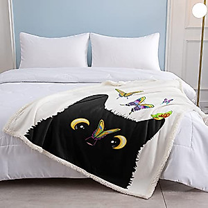 SOULZZZ Cat Blanket for Women Cozy Sherpa Cat Blankets and Throws Cute Soft Cat Blankets for Cat Lovers Girls Plush Kawaii Kitten Blanket with Butterfly Valentines Day Gifts (Black,80x60 Inches)
