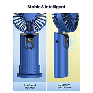 WarmCo Portable Handheld Fan, 5000mAh USB Rechargeable Foldable Fan 3 in 1 Personal Travel Fan with Digital Display,90° Foldable Desk Fan with Base, Mini Desk Fan for Makeup/Commute/Office