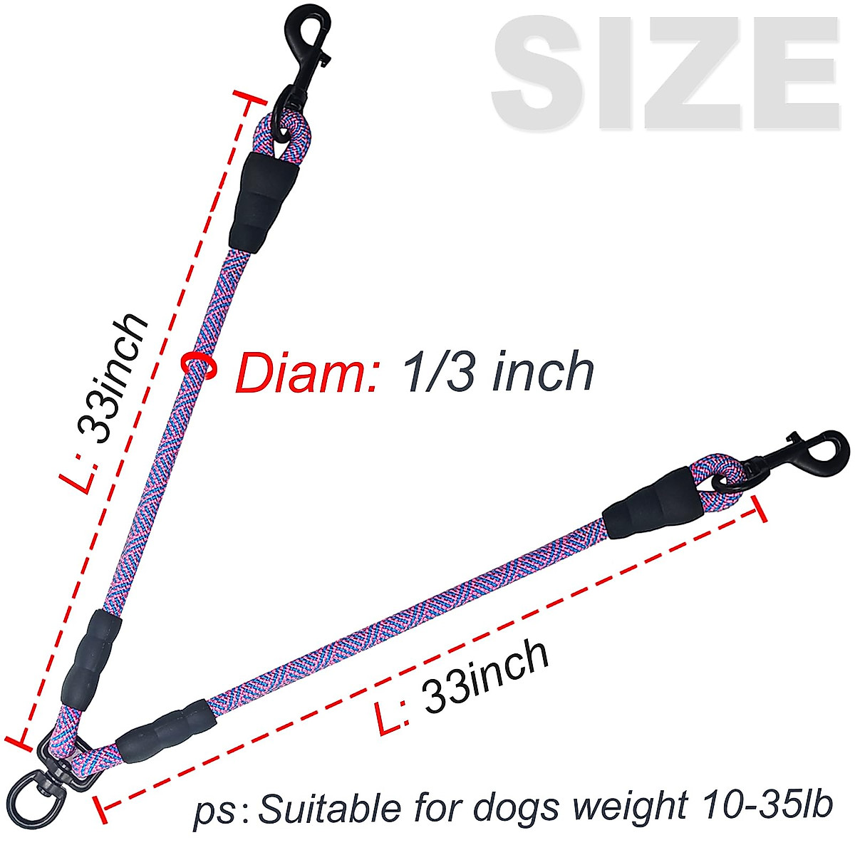 Mycicy Double Dog Leash Coupler, Extension Rope for Two Dogs, No Tangle Dual Dog Lead Splitter for Small Medium Dogs 10-35 lbs (1/3" X 33"- Pinkblue)