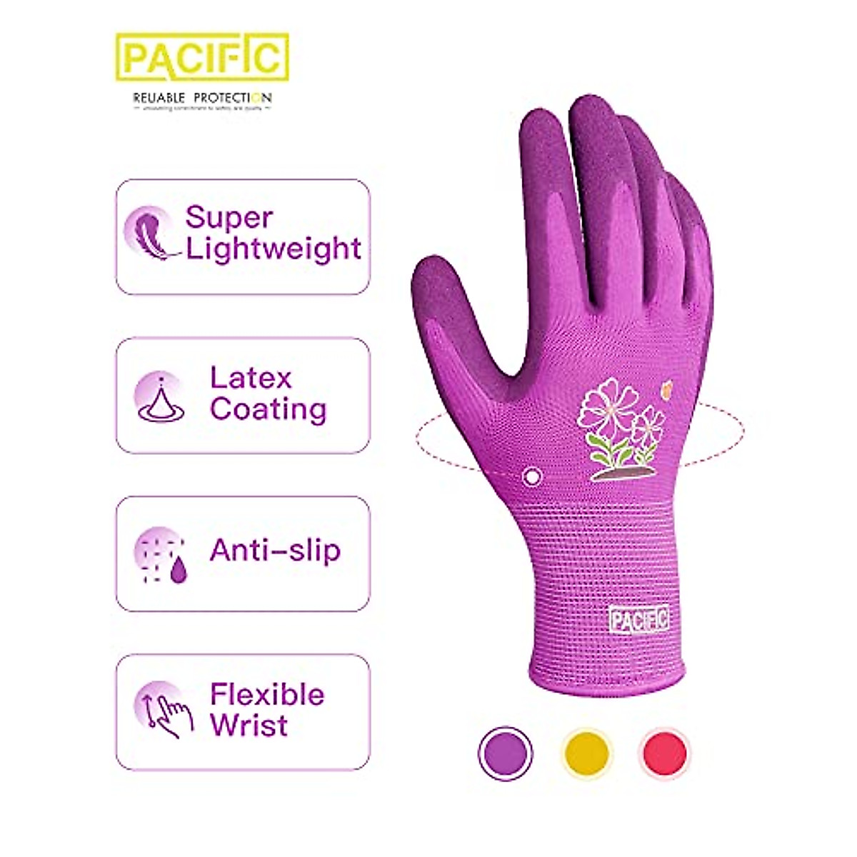 PACIFIC PPE 3 Pairs Gardening Gloves for women and Ladies, Rubber Coated Garden Gloves, Outdoor Protective Work Gloves, Medium Size fits Most, Purple & Yellow & Red