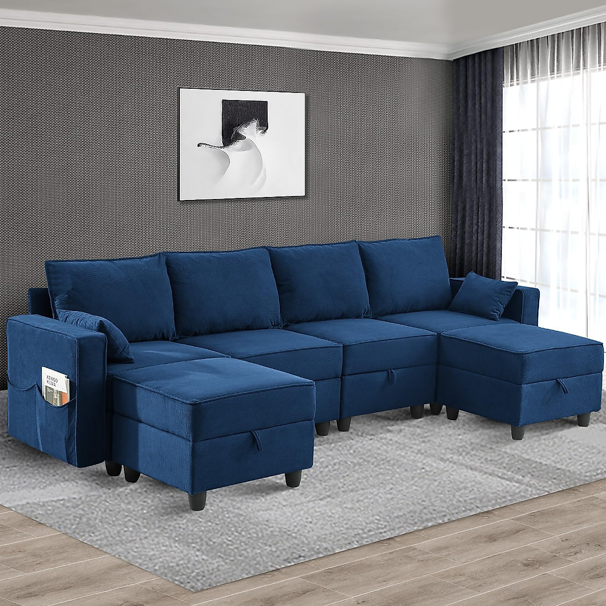 Unovivy 112.6" Modular Sectional Sofa, Convertible U Shaped Module Storage Reversible Ottomans, 6 Seater Corduroy Velvet Couch for Living Room, Blue