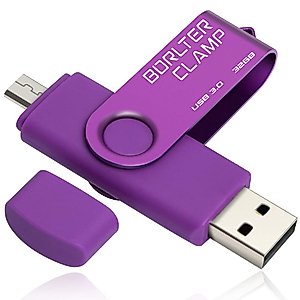 BorlterClamp 32GB USB 3.0 Flash Drive Dual Port Memory Stick, OTG Thumb Drive with Micro USB Drive Port for Android Smartphone Tablet & Computer (Purple)