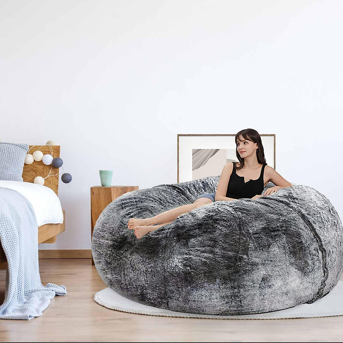 HDMLDP Bean Bag Chair for Adults Kids Without Filling Comfy Fluffy Giant Round Beanbag Lazy Sofa Cover for Reading Chair Floor Chair, 7FT, Black