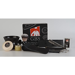 G.B.S Whetstone Knife Sharpening Stone 2 Sided Grit 3000/8000 Waterstone and Black Luxury Shaving Kit - Wood Straight Razor, Mug, Natural Soap, Brush, Alum block, Strop and Paste