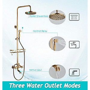 Gmusre Antique Brass Shower Fixture Bathroom Shower Faucet Set 8 Inch Rainfall Shower Head Handled Shower Waterfall Tub Spout Wall Mounted Outdoor Shower System with Shower Shelf