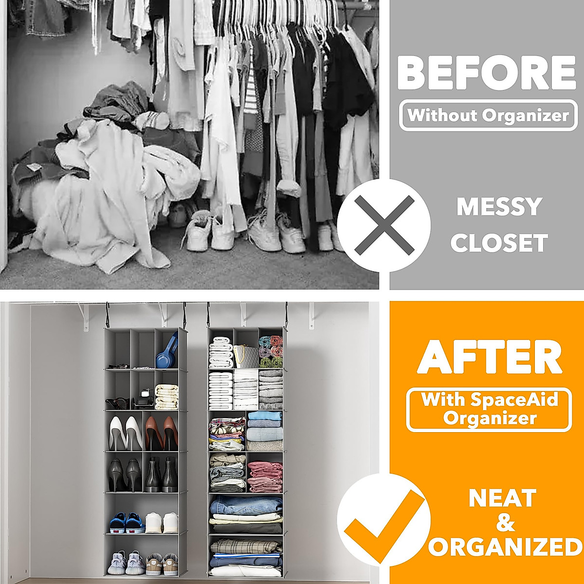 SpaceAid 2 Pack Hanging Closet Organizer and Storage with Dividers, 24 Compartments Hanging Shoe Shelves for Closet, Wardrobe, RV, Garment Rack - Grey