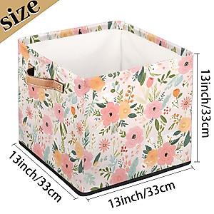 Piolysio Pink Flowers 13 Inch Storage Cube Bins Fabric Storage Bin with Leather Handles Foldable Storage Organizer Baskets for Closet, Shelves, Bedroom, Living Room