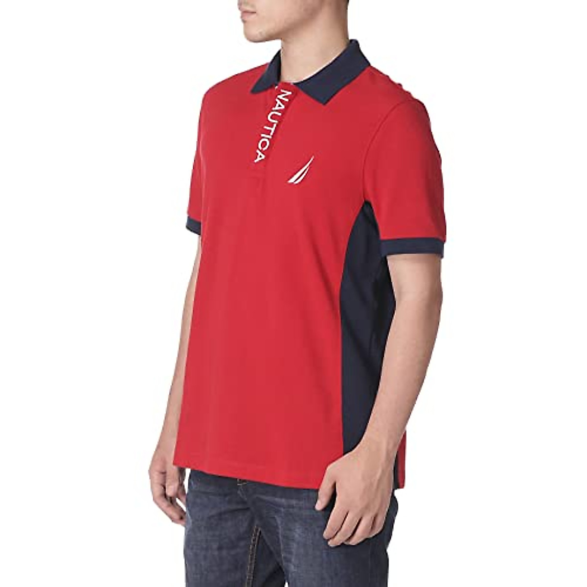 Nautica Men's Short Sleeve Color Block Performance Pique Polo Shirt, Red, X-Large