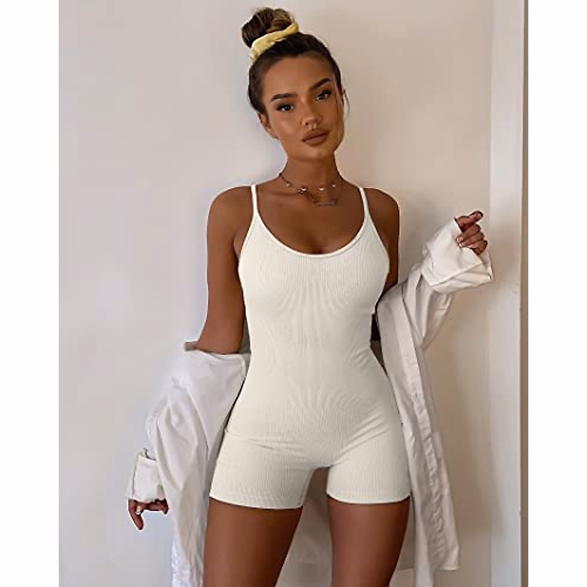 OQQ Women's Yoga One Piece Ribbed Spaghetti Strap Exercise Romper, Beige, Medium