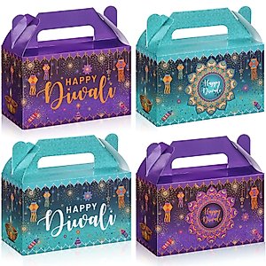 16 Pcs Happy Diwali Gable Boxes Diwali Party Favor Treat Boxes Rangoli Lantern Favor Packaging Box Indian Deepavali Candy Gift Box Goodie Box for Diwali Party Decorations Lights Festival, 4 Style