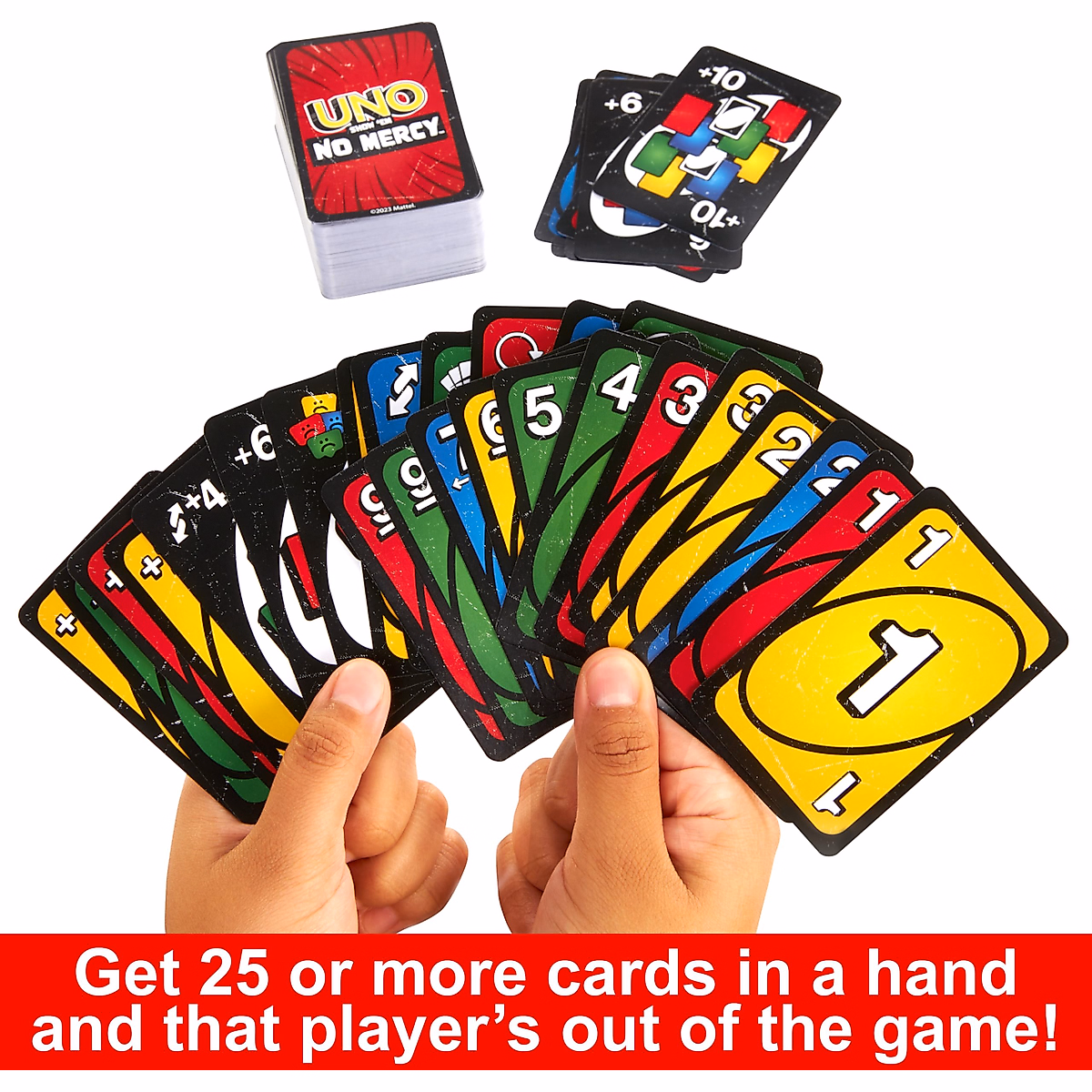 Mattel Games UNO Show ‘em No Mercy Card Game in Storage & Travel Tin for Kids, Adults & Family Night with Extra Cards, Special Rules & Tougher Penalties (Amazon Exclusive)