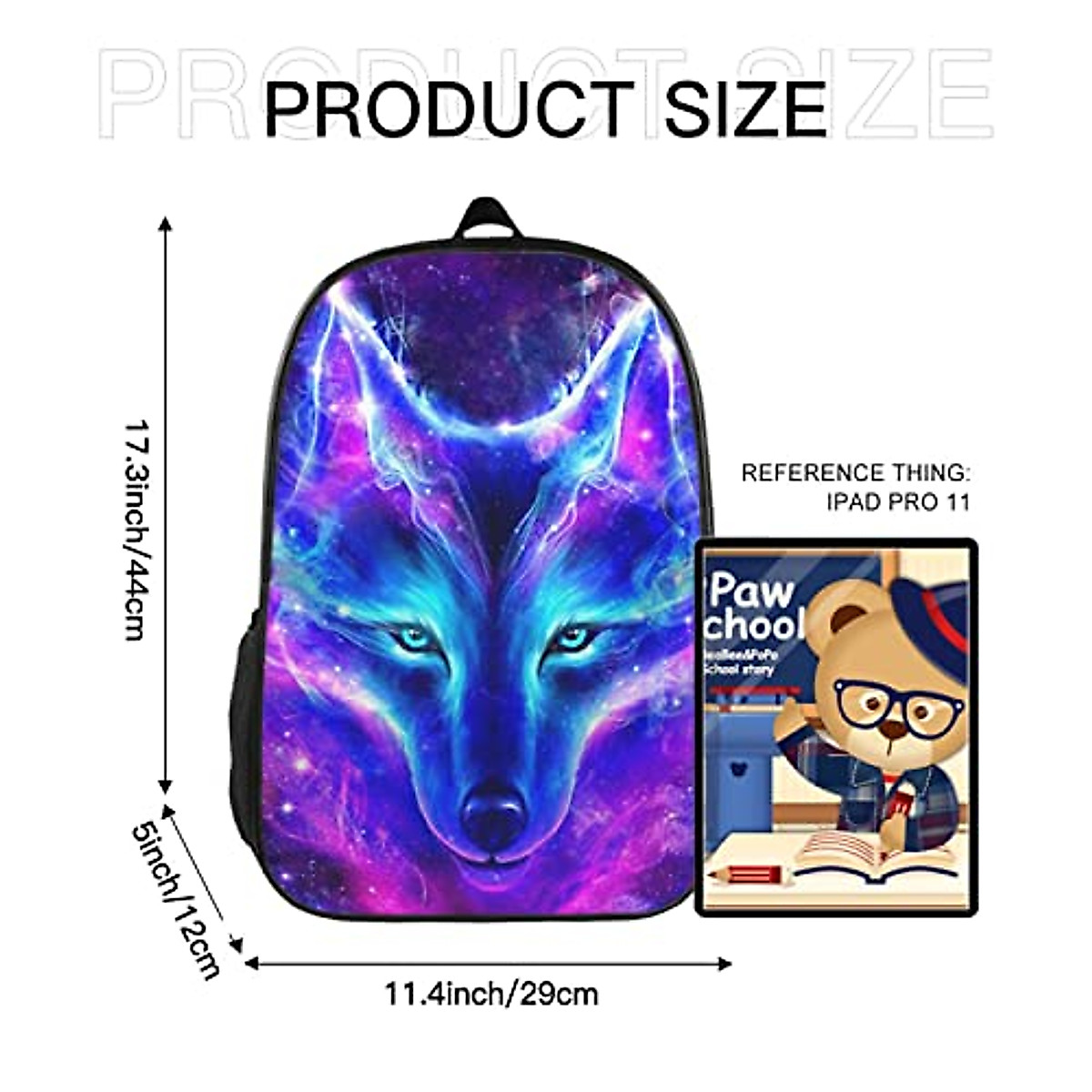 Viythuw Purple Blue Galaxy Wolf Backpack, Simple and Aesthetic Bookbag for Women Men, Lightweight Adjustable Black Backpack for Travel Outdoor Sports, Large Capacity Laptop Bag for Business Office