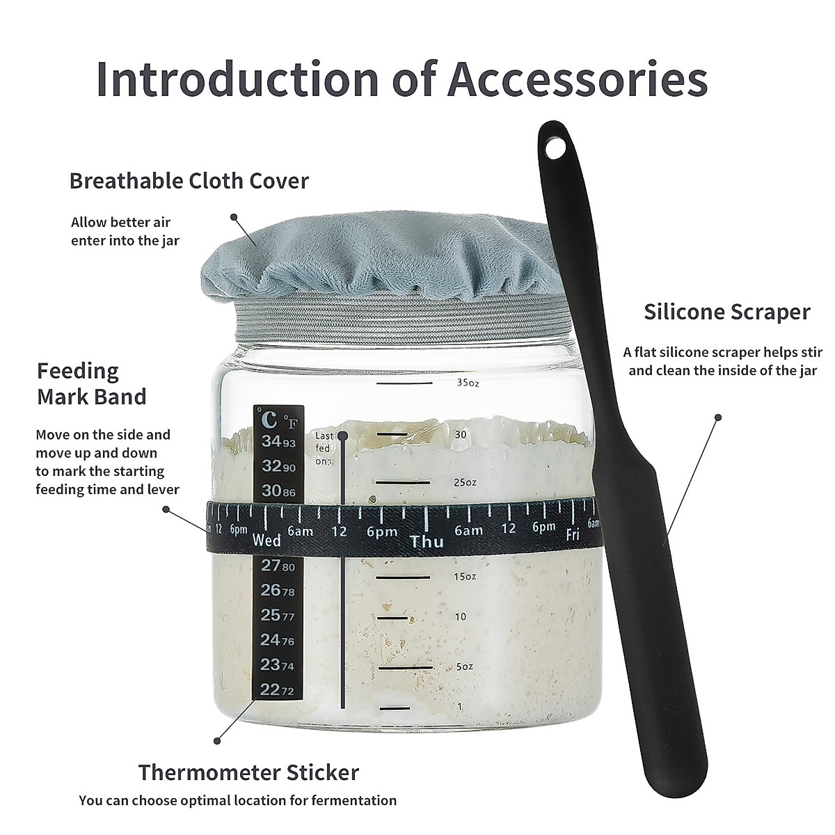 Wissy&Konny Sourdough Starter Jar 2Pack 35OZ with Ounce Scale Line,Date Marked Feeding Band, Thermometer, Sourdough Jar Scraper, Cloth Cover & Wood Lid, Wide Mouth for Sourdough Bread Baking