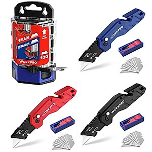WORKPRO Utility Knife Blades, 100-Pack SK5 Utility Blades & WORKPRO 3-Piece Folding Utility Knife (Blue/Black/Red)