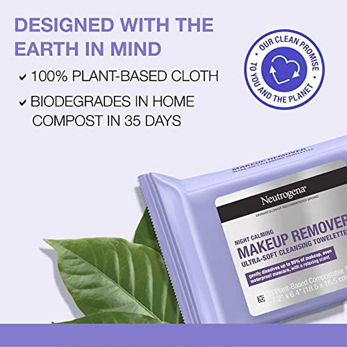 Neutrogena Night Calming Cleansing Makeup Remover Face Wipes, Nighttime Facial Wipes to Remove Dirt & makeup, Leaves Skin Feeling Calm, Alcohol-Free, 100% Plant Based Cloth, 25 ct, Twin Pack