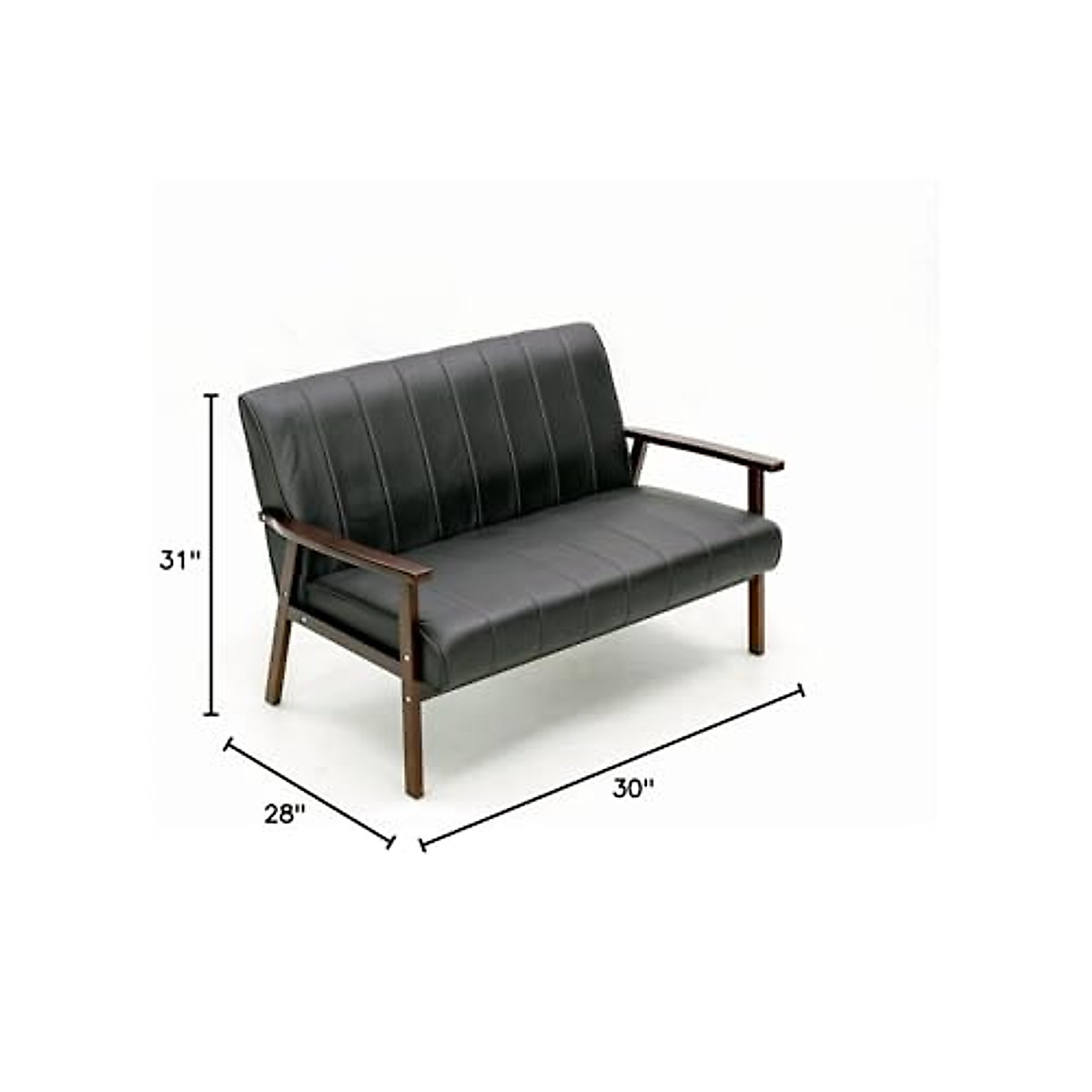 Panana Mid Century Modern Loveseat Sofa with Wooden Arms Leather Office Couch 2-Seat Wood Love Seat Lounge Armchair Living Room Bedroom, Black Faux Leather
