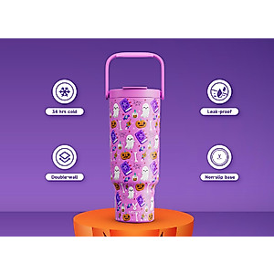 Meoky 40 oz Halloween Tumbler with Handle and Straw, Insulated Water Bottle, Stainless Steel Travel Mug, Keeps Cold for 34 Hours, Fits in Car Cup Holder (Spooky Pumpkin)