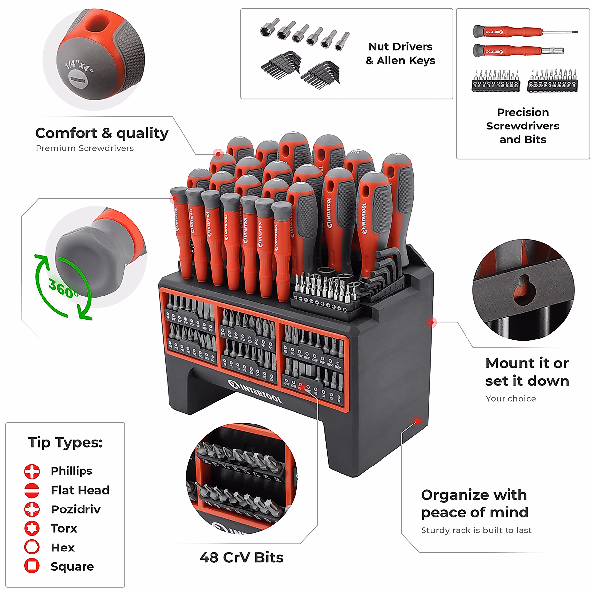 INTERTOOL 114-Piece Screwdriver Set with Mountable Rack, Magnetic Tips, Swivel-End Precision Screwdrivers, Bits, Nut Drivers, Hex Keys, DIY, Tool Gift VT08-3372