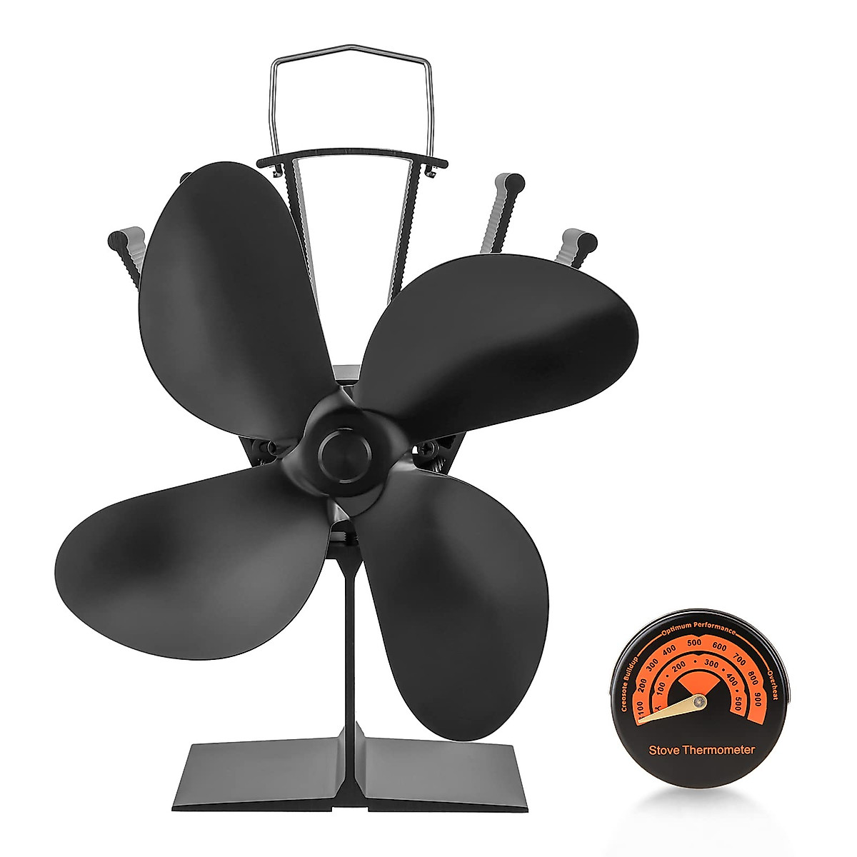 Wood Stove Fan Heat Powered Stove Fan with Thermometer, 4-Blade Fan Start Silent for Wood Fireplace Log Burner Increases Warm Friendly and Efficient