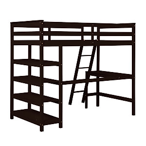 Bellemave Twin Loft Bed with Desk & Shelves for Teens Adults, Wood High Loft Bed Frame with Bookcase & Angle Ladder for Kids Boys Girls, Full-Length Guardrail, Twin Size, Espresso