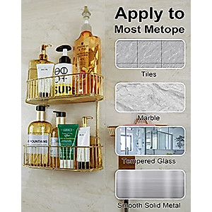 THCOFUUD No Drilling Shower Caddy, 3 Pack Rustproof Stainless Steel Organizer With Soap Holder & 2 Razor Hooks, Wall Mounted Shelves, Adhesive Rack, Large Capacity Basket for Storage, Gold Decor