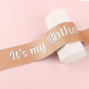 BAHABY Birthday Crowns for Women, It's My Birthday Sash & Birthday Headband Set Princess Birthday Sash and Tiara Birthday Gifts for Women Girls Sweet Happy Birthday Accessories for Party- Rose Gold