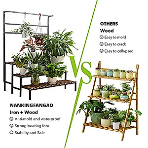 NANKINGFANGAO 3 Tier Hanging Plant Stand Ladder Plant Shelf, Tall Plant Stand Outdoor Indoor Steel-Wood Plant Shelves Metal Frame, Suitable for Terrace Garden Corner Balcony, Living Room Storage