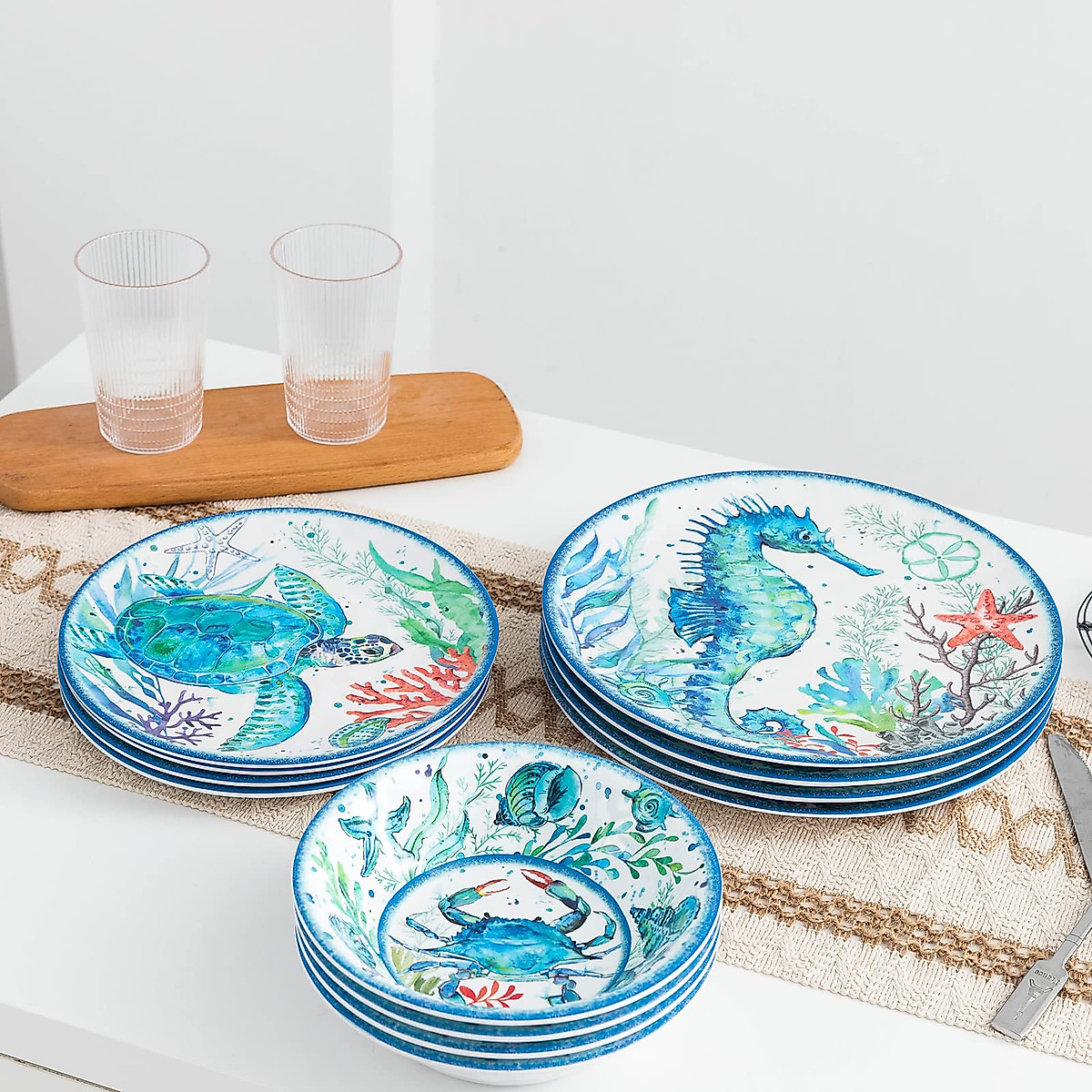 LEHAHA 12-Piece Melamine Beach Dinnerware Set, Coastal Plates and Bowls Sets, Oceanic Sea Life Dish Sets for 4, Great for Indoor Outdoor Dining on the Beach, RV, Camping or Cabin